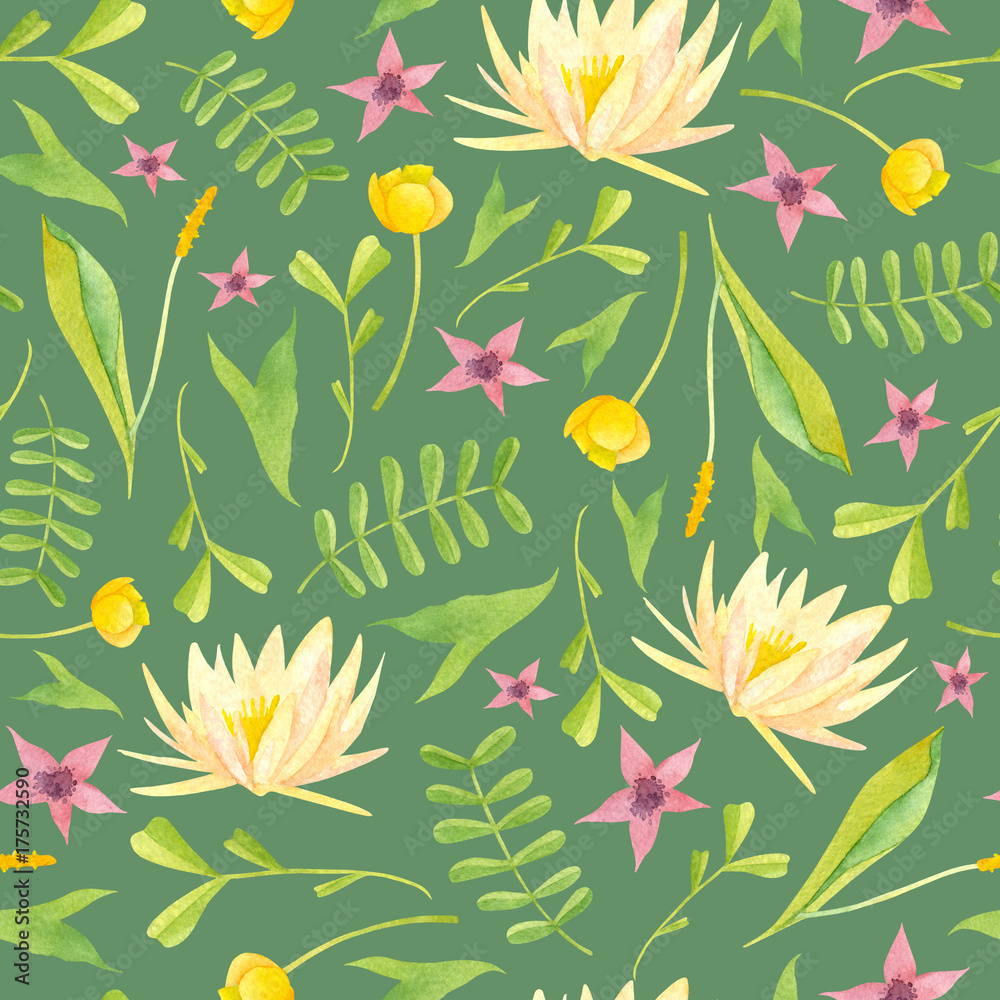 Watercolor wetland floral pattern with yellow lily nuphar lutea red ...