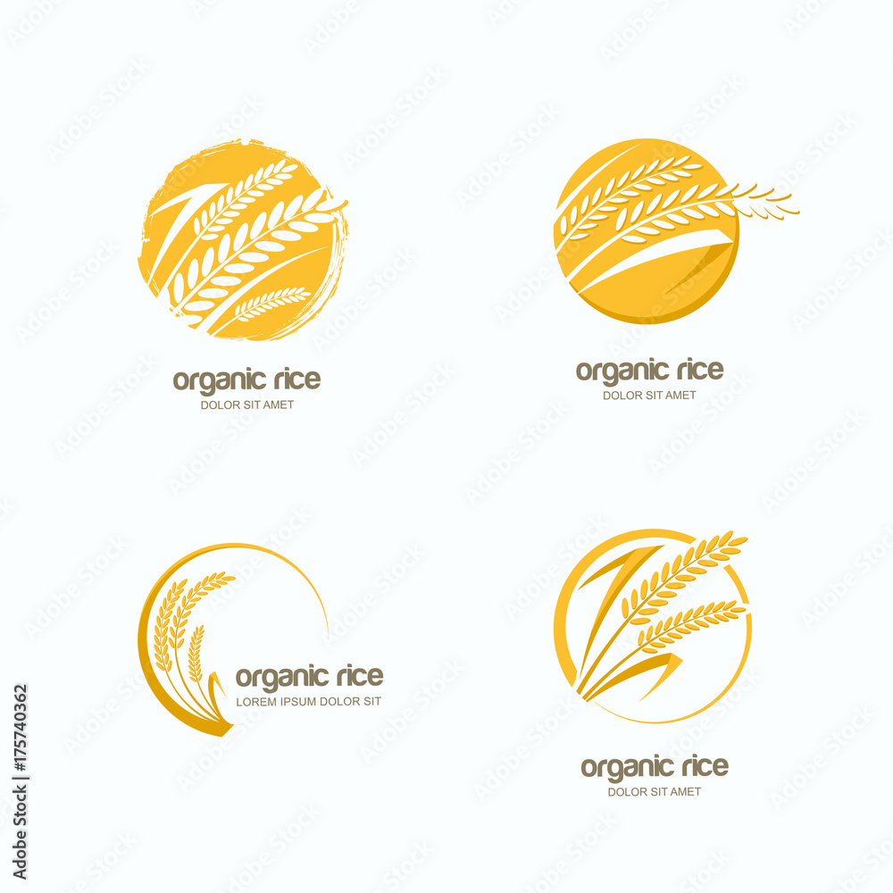 Set of vector logo, label or package circle emblem with yellow rice ...
