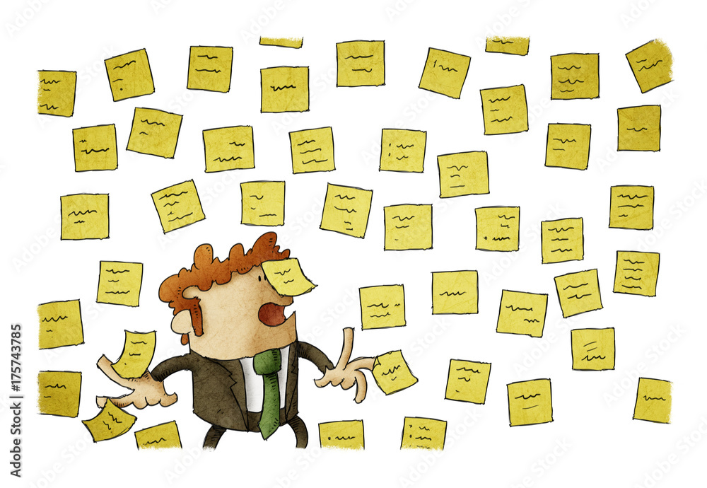 illustration of businessman with wall full of reminder notes, concept ...
