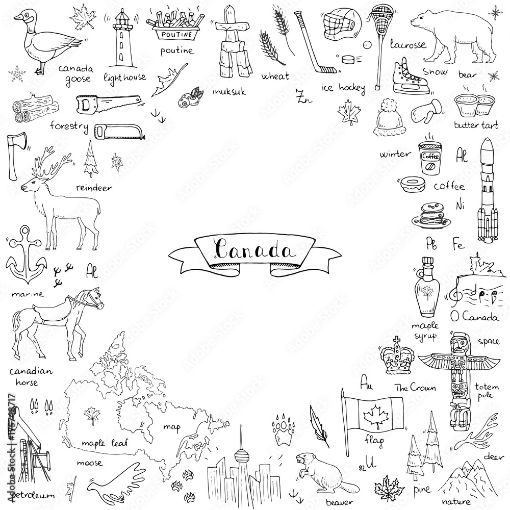 Hand drawn doodle Canada icons set Vector illustration isolated symbols collection of canadian ...