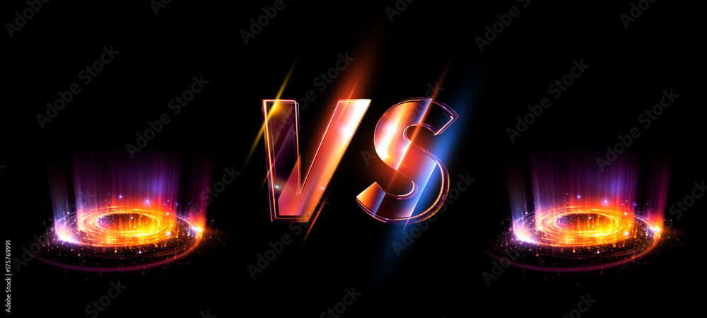 Glowing versus logo on black background. Illuminated comparison symbol ...
