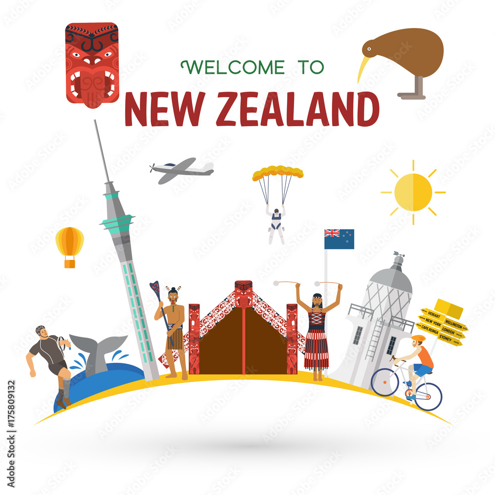 Flat design, New Zealand's landmarks and icons Stock Vector | Adobe Stock