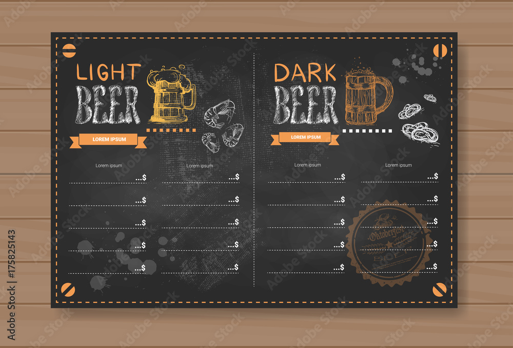 Beer Menu Set Design For Restaurant Cafe Pub Chalked On Wooden Textured ...