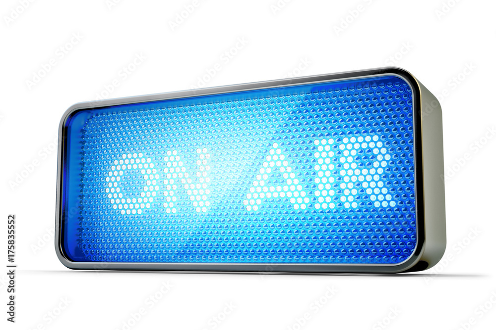 Radio broadcasting concept, sign plate with the blue glowing leds and ...
