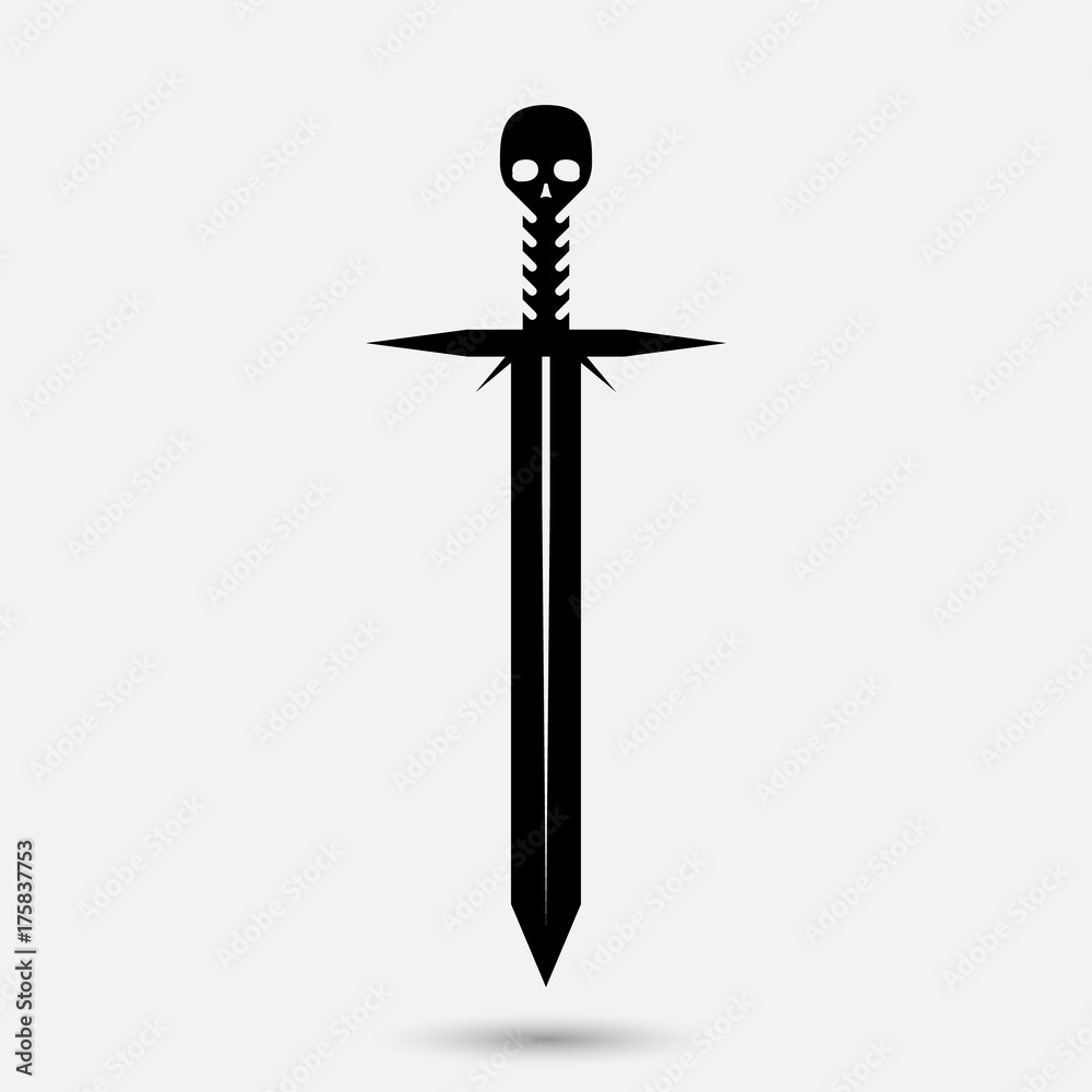 Ancient sword with spikes and skull on its handle vector icon. Medieval ...