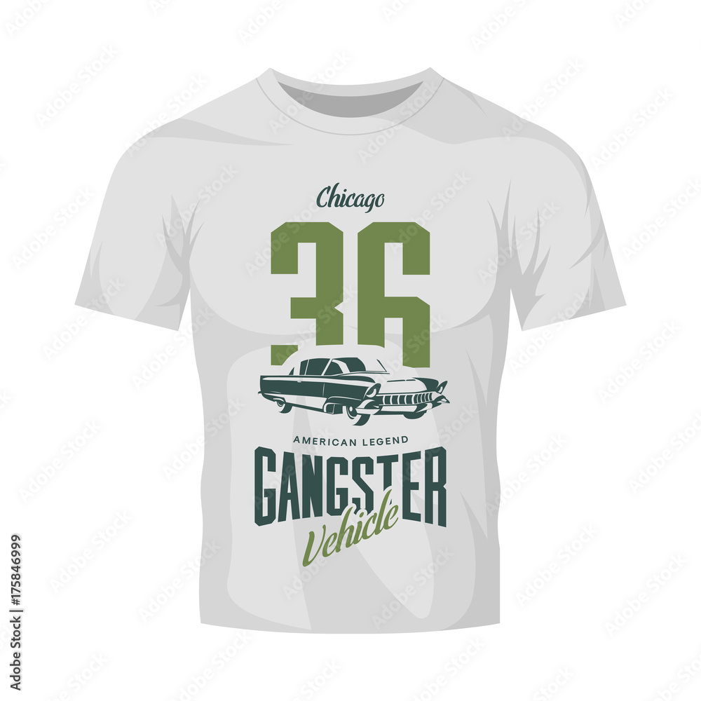 Vintage gangster vehicle vector logo on white t-shirt mock up. Chicago ...