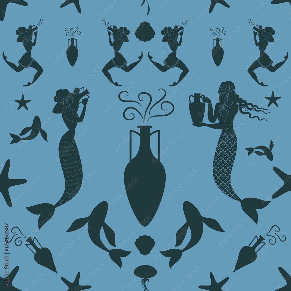 Pattern of ancient Greece mermaid and triton carrying an amphora ...