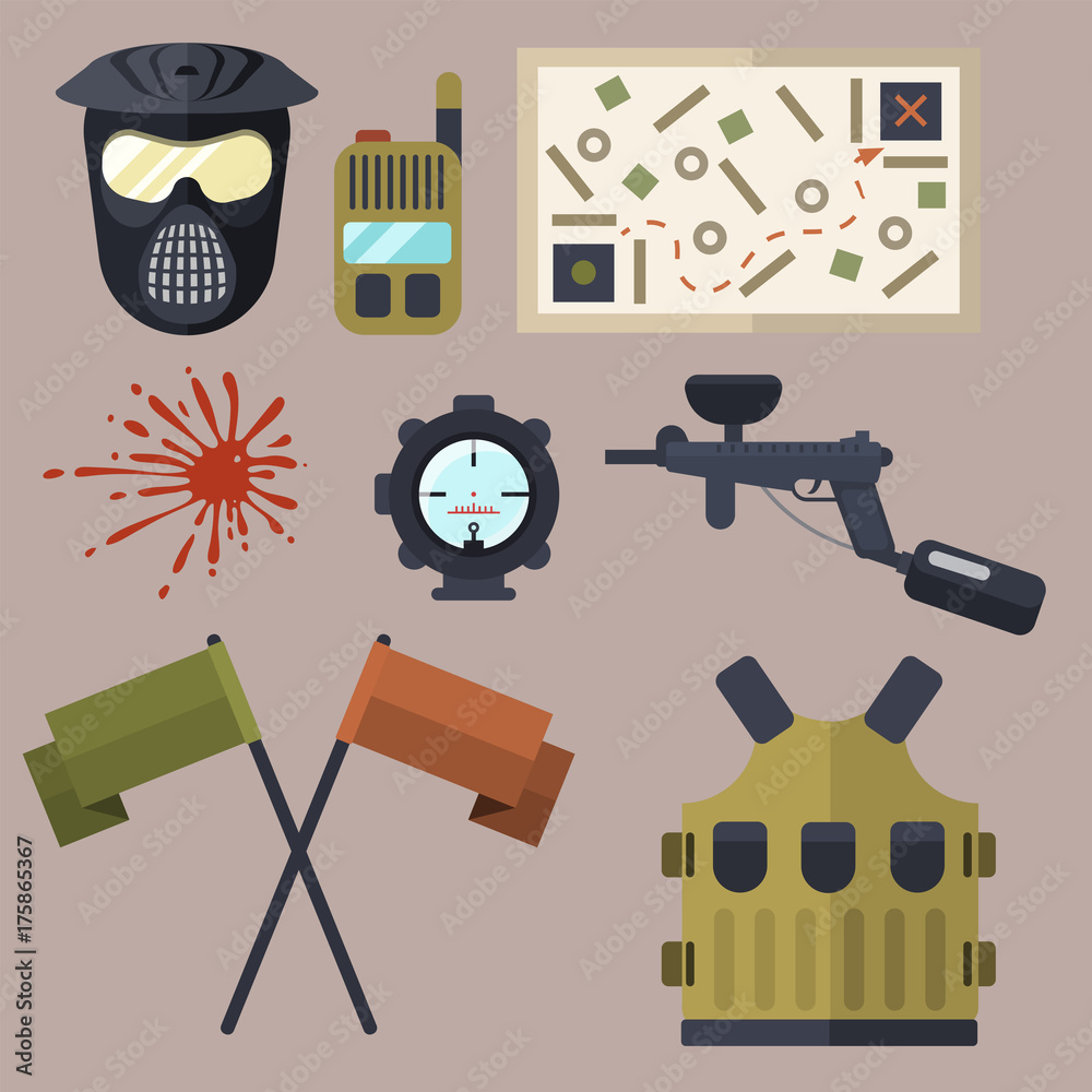 Paintball club symbols icons protection uniform and sport game design ...