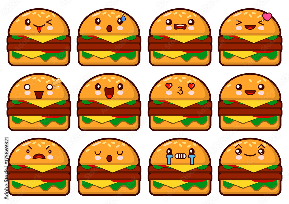 Emoticon hamburger kawaii face on a white background. Different ...