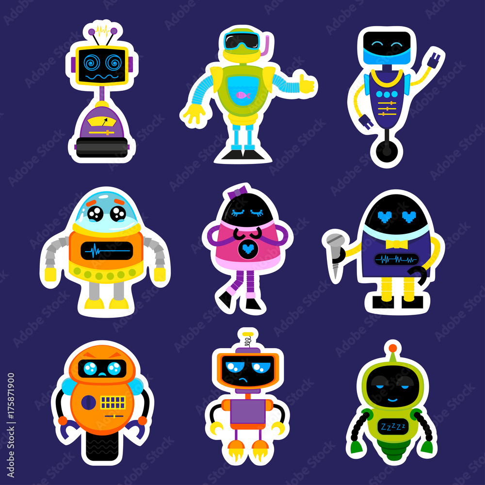 Fashion patch badges with robot, robotics android, toy robot with cute ...