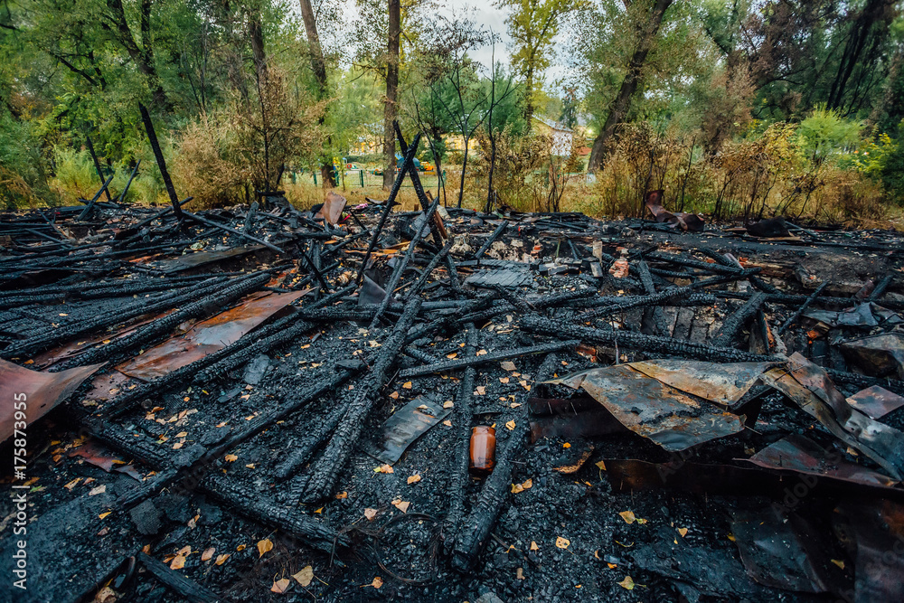 Destroyed by fire wooden house completely burned to the ground Stock ...