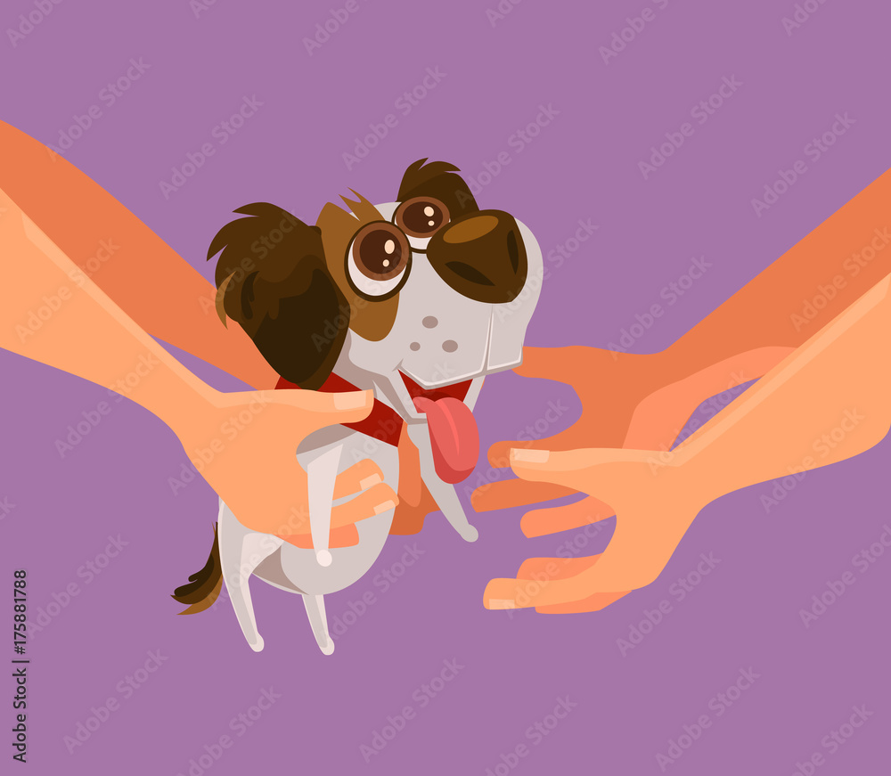 Happy smiling puppy dog character giving to person as gift. Vector flat ...