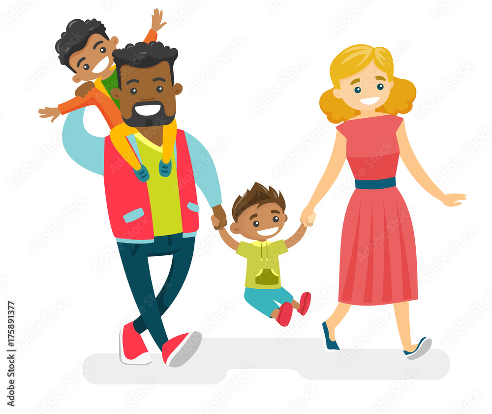 Happy smiling multiracial family walking and having fun together. Young ...
