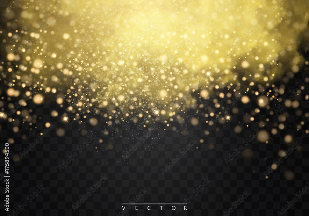 Golden fog or smoke with glows, light and bokeh, golden sparks isolated ...