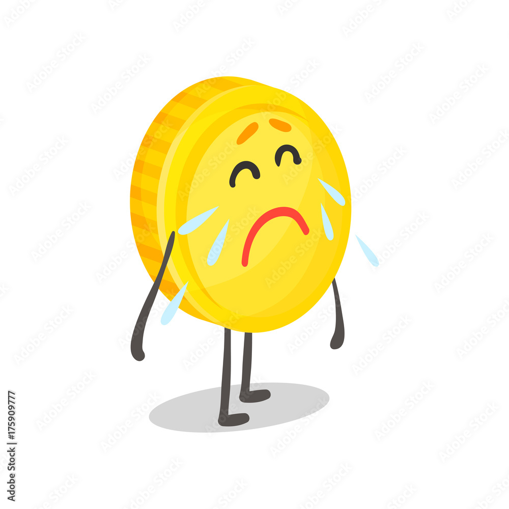 Unhappy weeping golden coin humanized character, money and finance ...