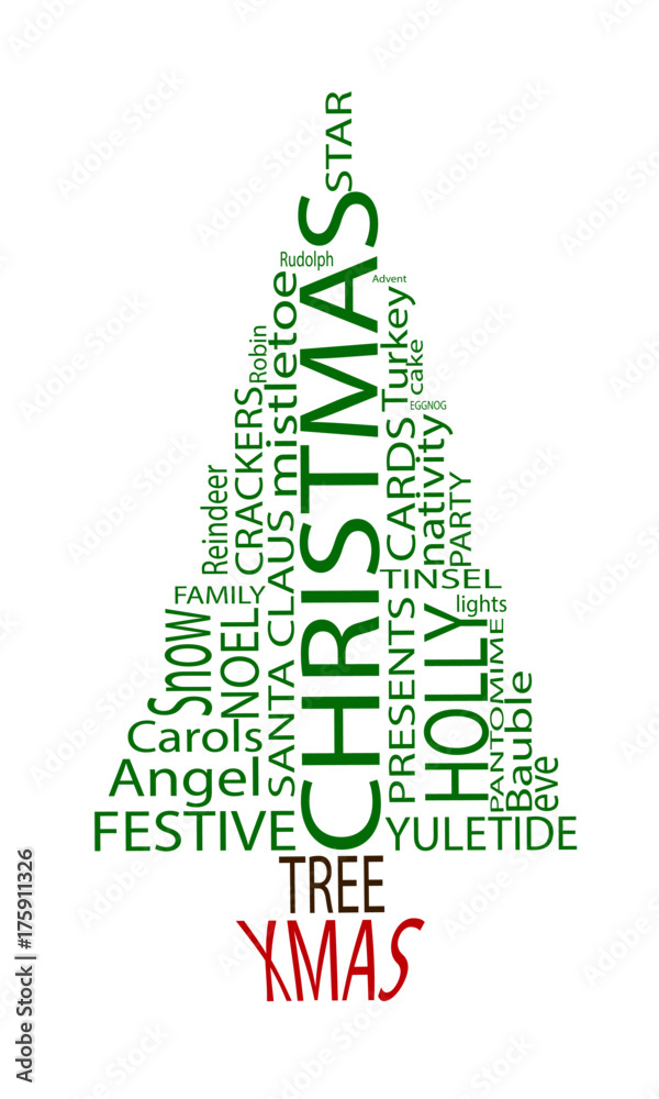 A Christmas Tree made of festive words in the style of a word cloud ...