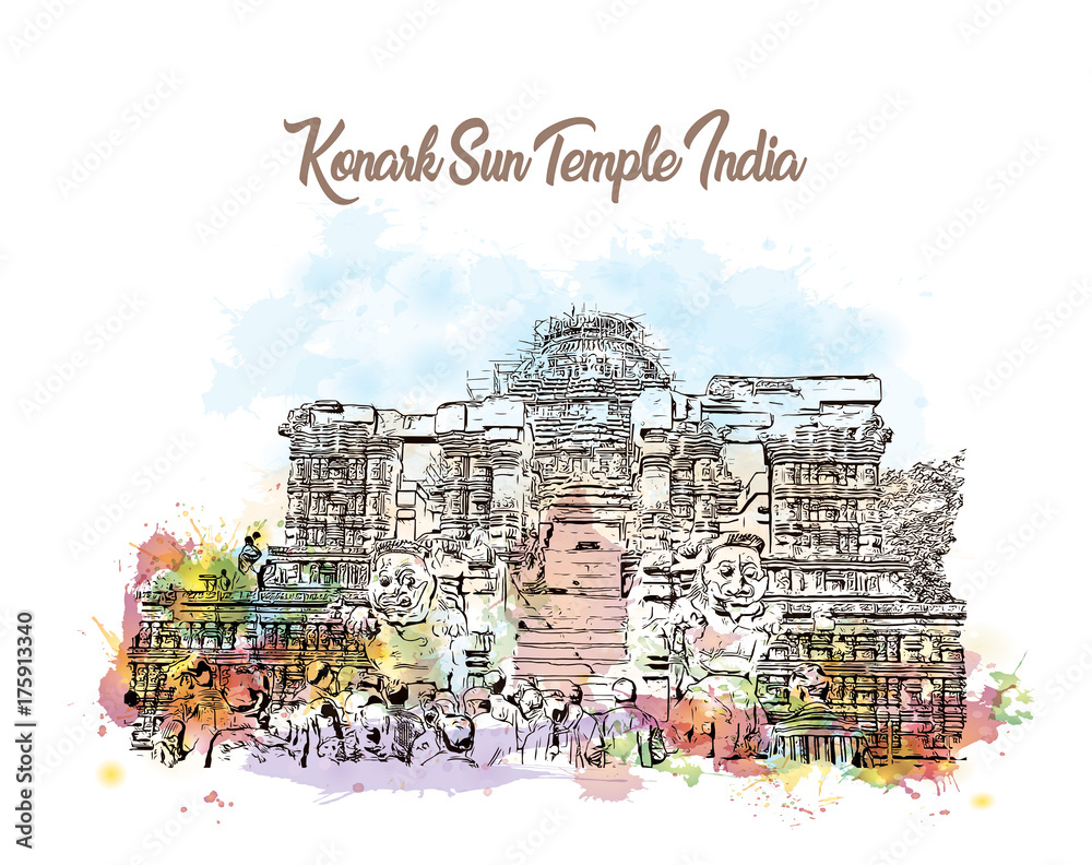 Watercolor sketch with splash of Konark Sun Temple India in vector ...