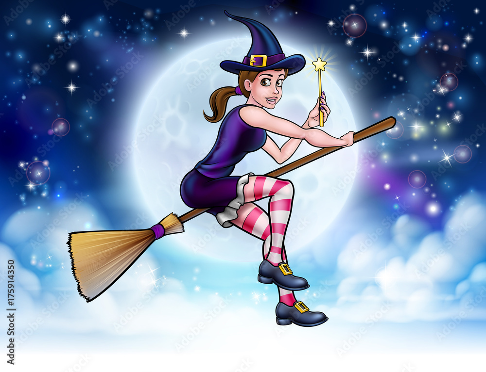 Witch and Magic Wand Halloween Cartoon Character Stock Vector | Adobe Stock