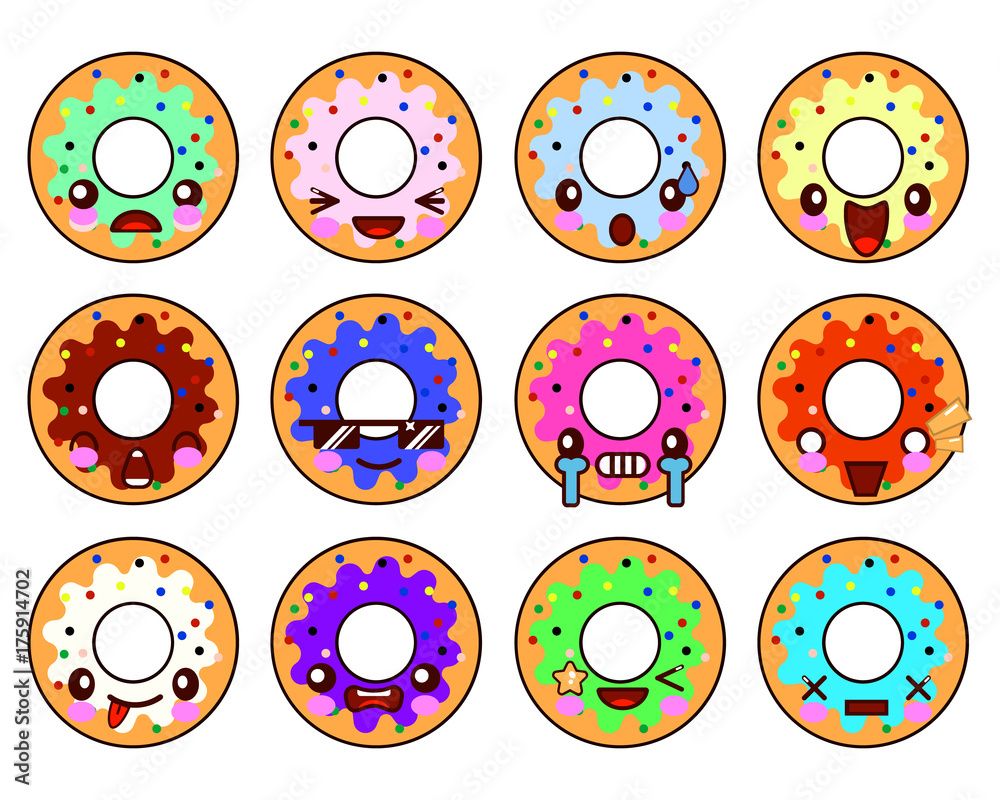 Sweet donut character kawaii with glaze set of emoji facial expressions ...