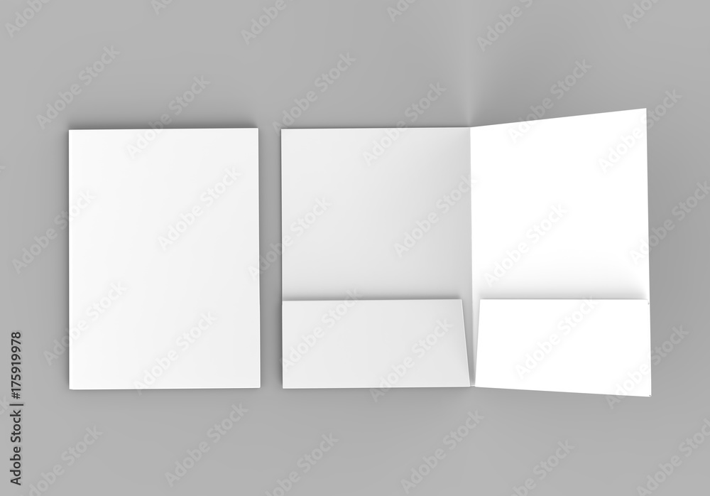 Blank white reinforced pocket folders on grey background for mock up ...