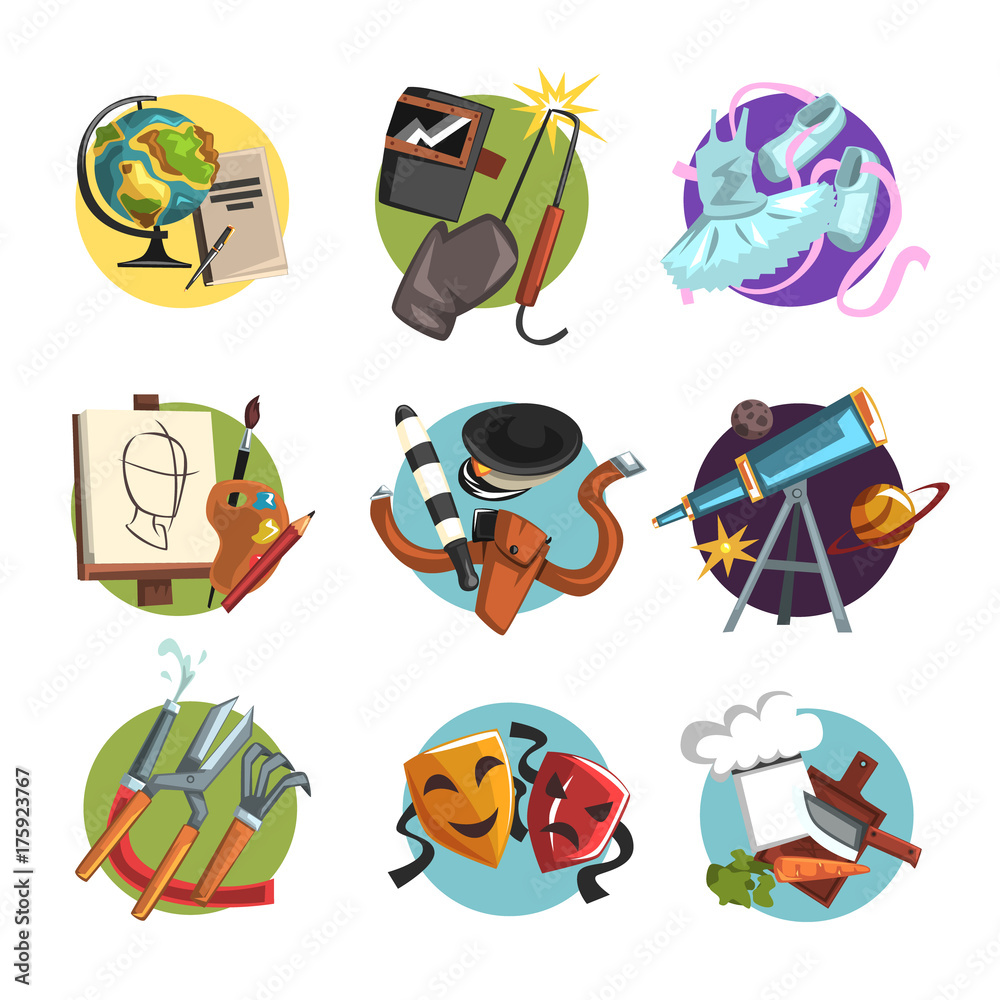 Symbols of different professions icons set, professional tools vector ...