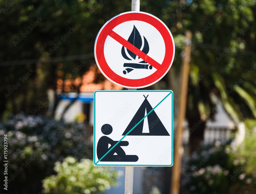 No camping and no fire allowed warning sign in Croatia. Stock Photo ...