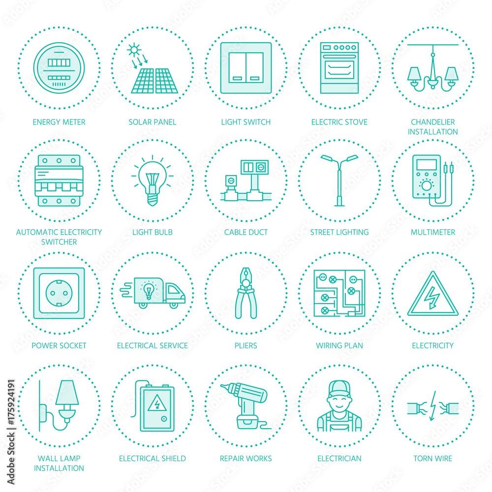 Electricity engineering vector flat line icons. Electrical equipment ...