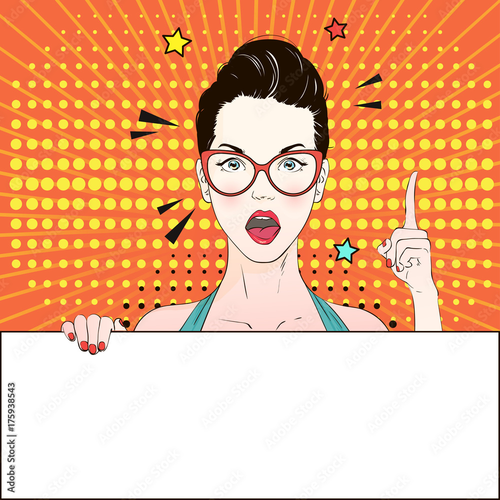 Pop Art Vintage advertising poster comic girl in cat's eye glasses ...