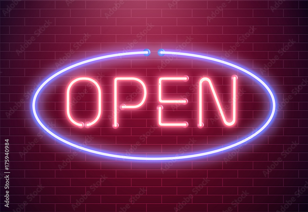 Bar open light Neon Sign. Night store red glowing letters . Open 24 ...
