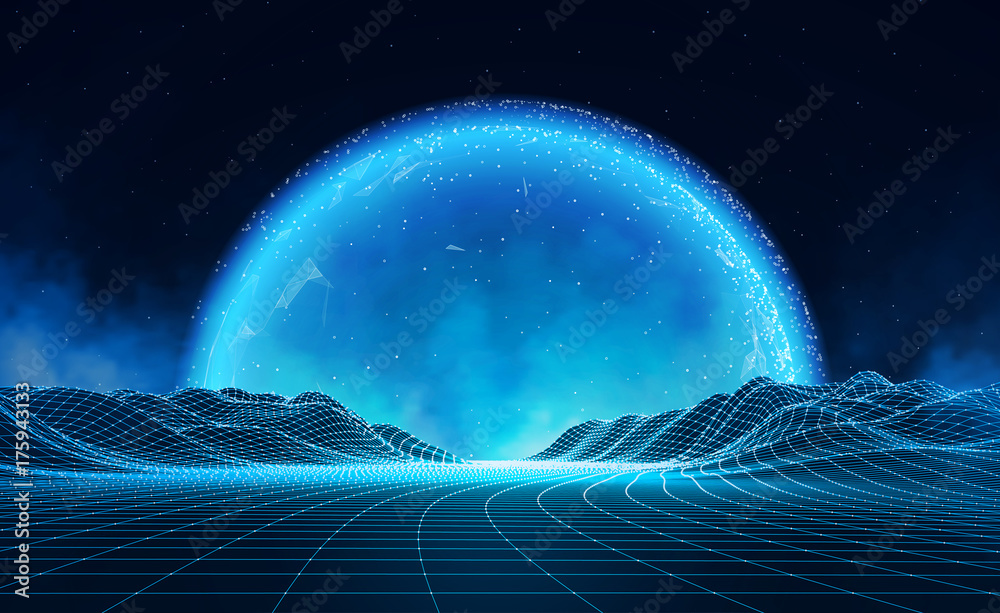 Vector retro futuristic background. Digital retro landscape in1980s ...