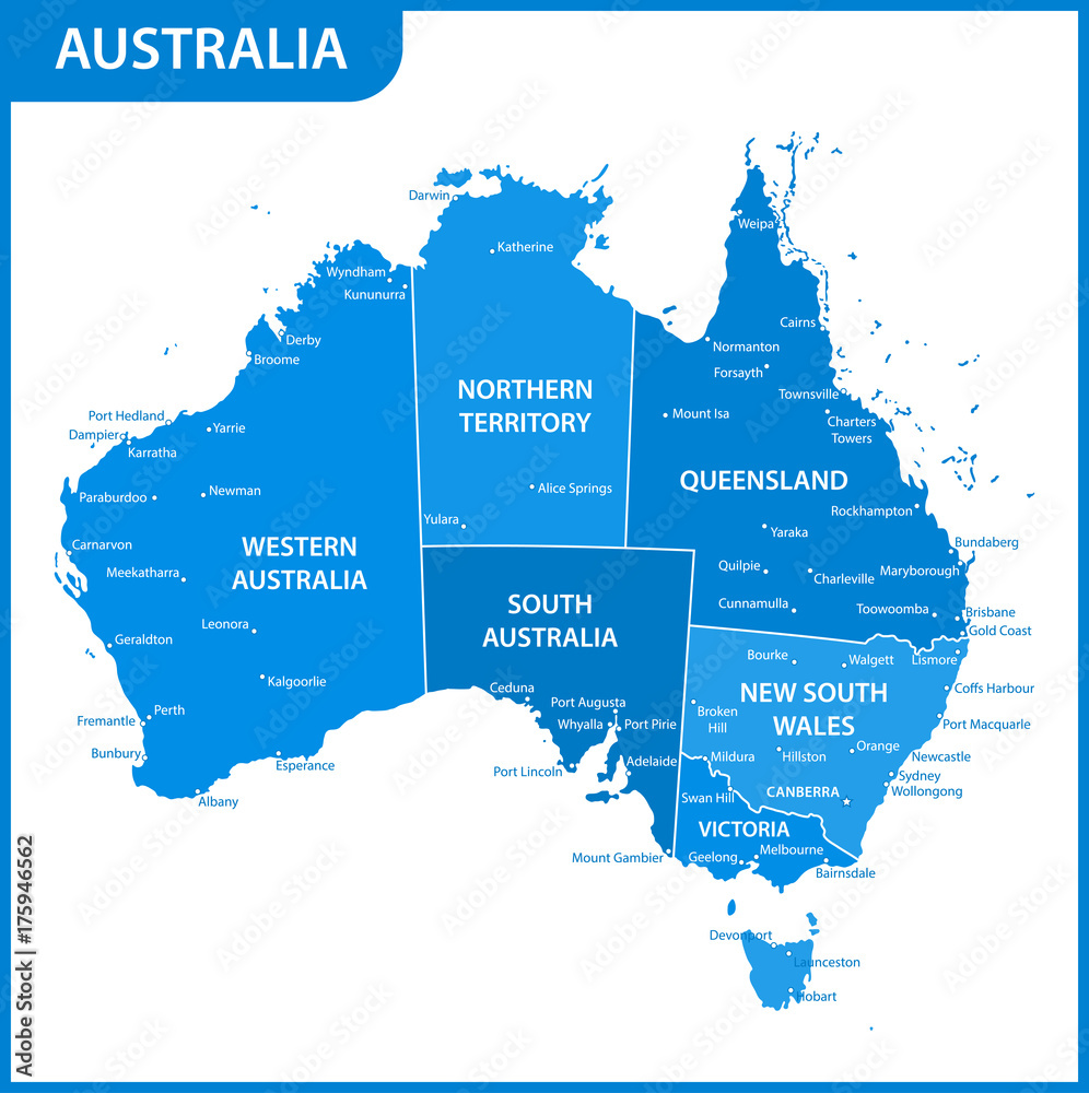 The detailed map of the Australia with regions or states and cities ...