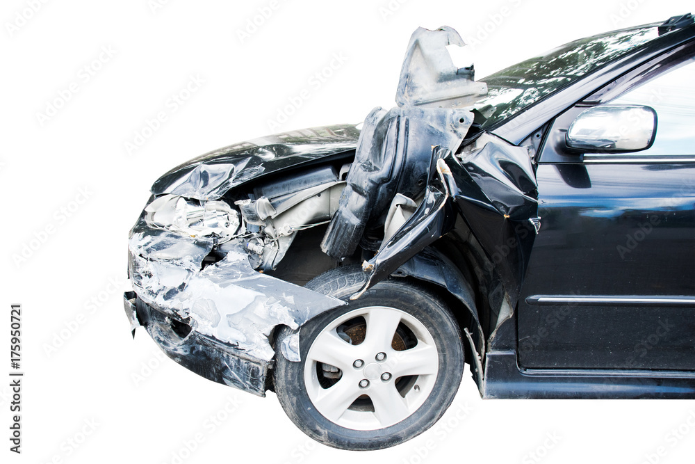 Black car The car was hit by an accident isolate on white background ...