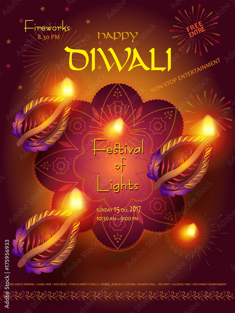Happy Diwali lights festival poster, text, burning diya - oil lamps ...