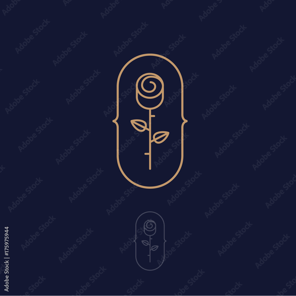 Gold Rose logo. Spa or cosmetic emblem. Rose with leaves on a dark ...