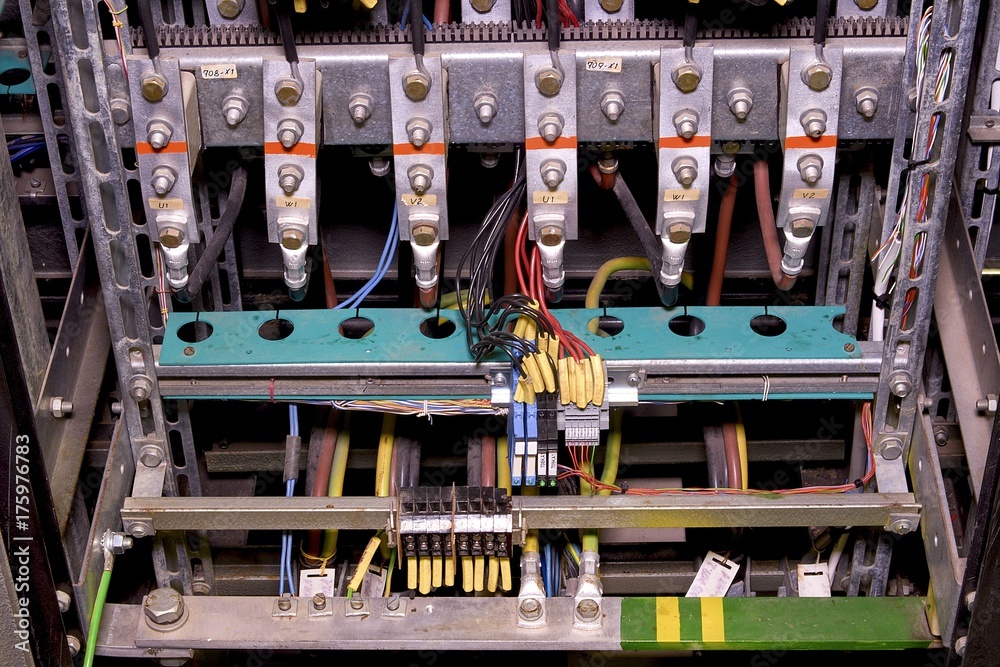 Closeup old distribution case in plant. Electric system in cabinet ...