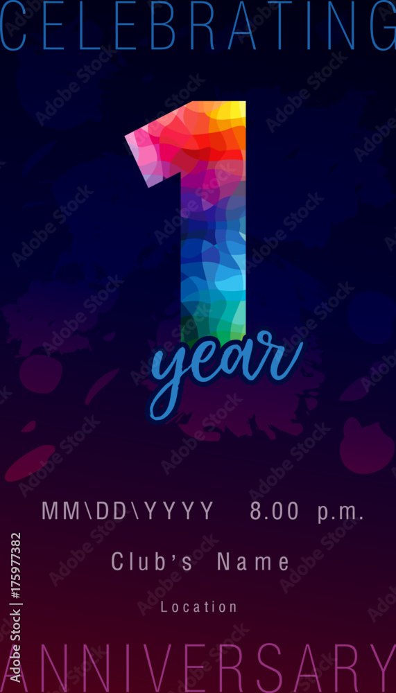 1st year colored anniversary card. Stained-glass number 1 logotype ...