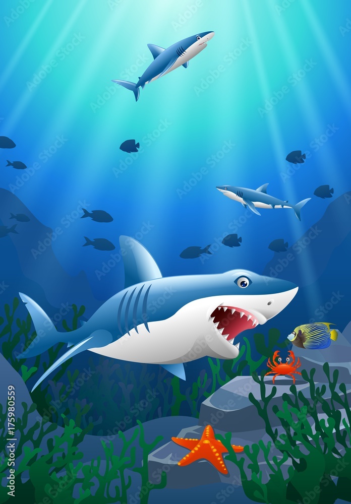Cartoon shark with Coral Reef Underwater in Ocean Stock Vector | Adobe ...