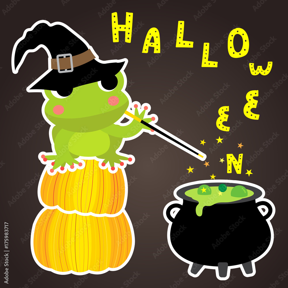 Cute Halloween design concept with magic frog sitting on pumpkins ...