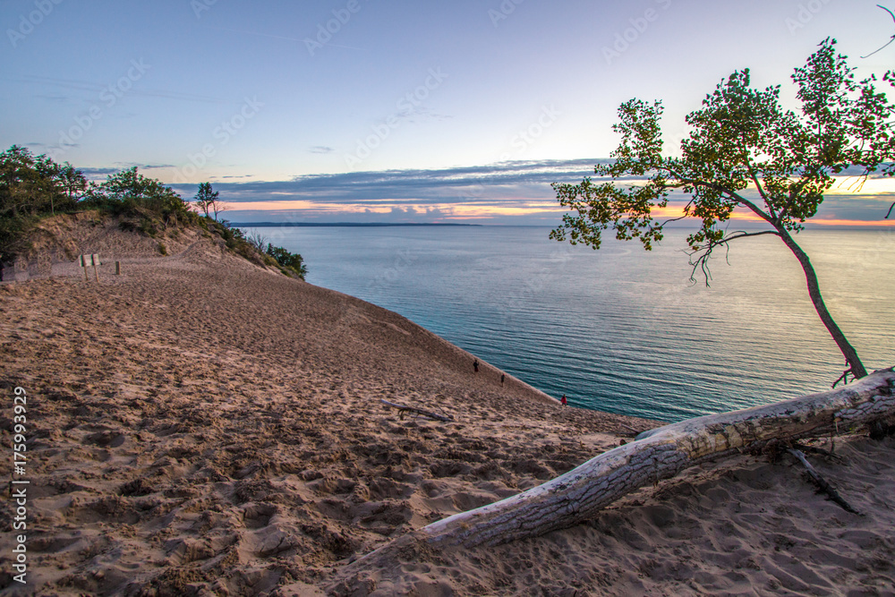 Sleeping Bear Dunes National Lakeshore. Massive sand dune at sunset on ...