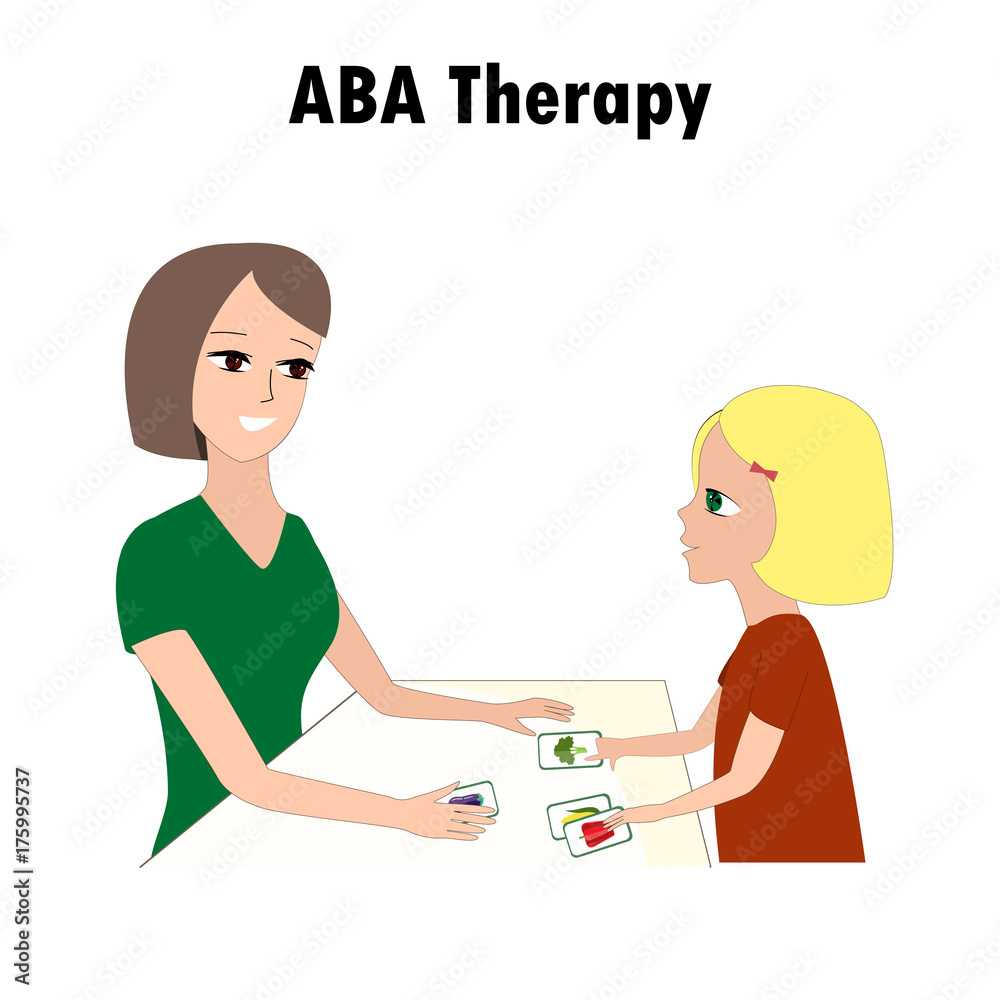 Woman and girl pointing ABA activities cards. One of autism treatment ...