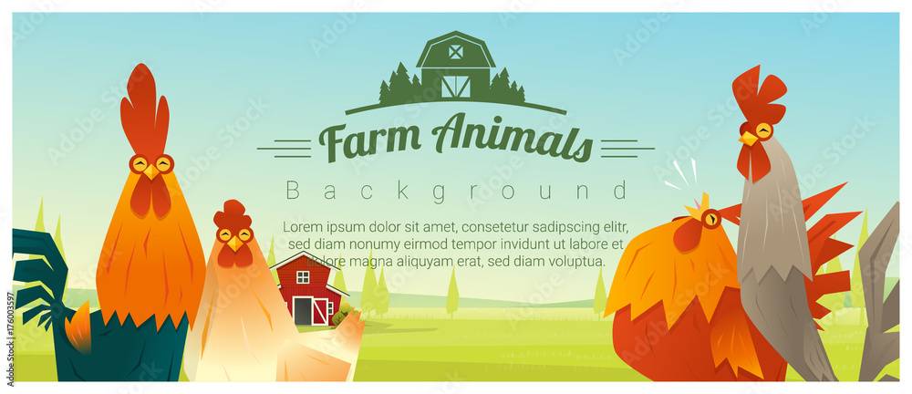 Farm animal and Rural landscape background with chickens , vector ...