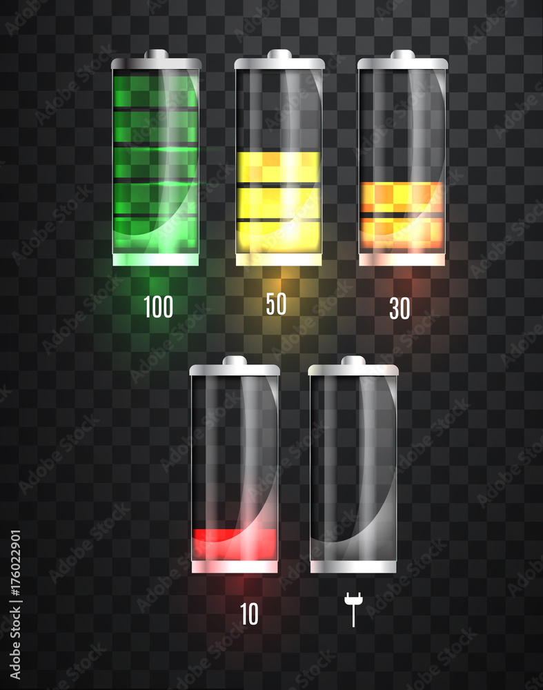 Battery charging. Battery charging status indicator. Glass realistic ...