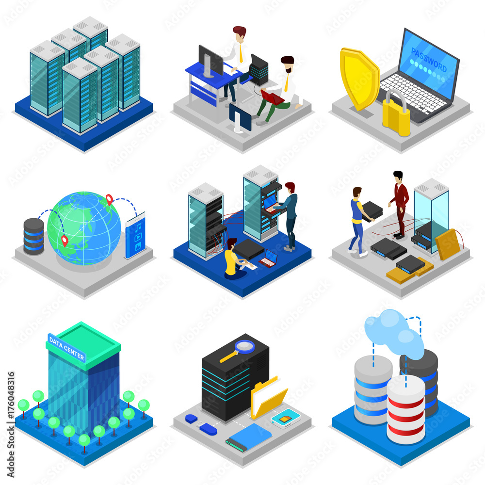 Data centre isometric 3D set. Global communication, internet network ...