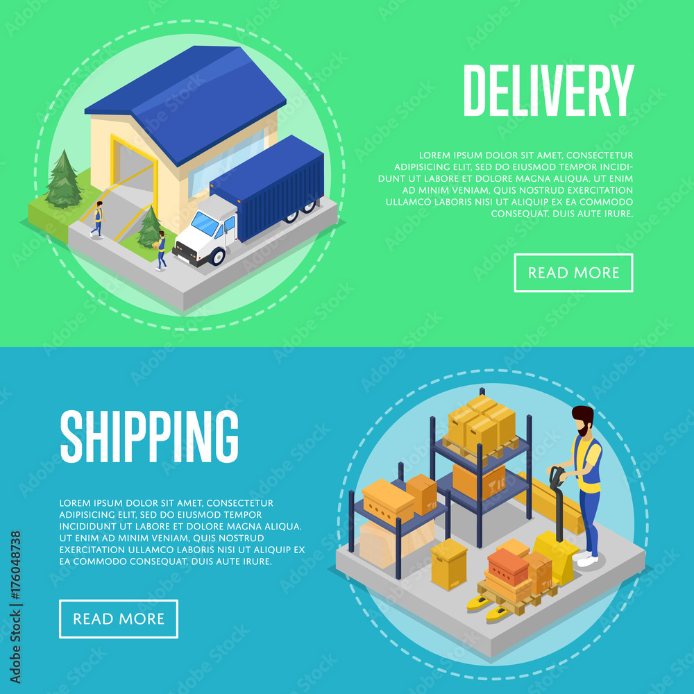 Fast delivery and freight shipping isometric posters. Logistics and ...