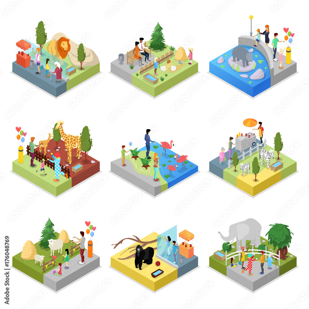 Public zoo with wild animals landscapes isometric 3D set. Lion ...