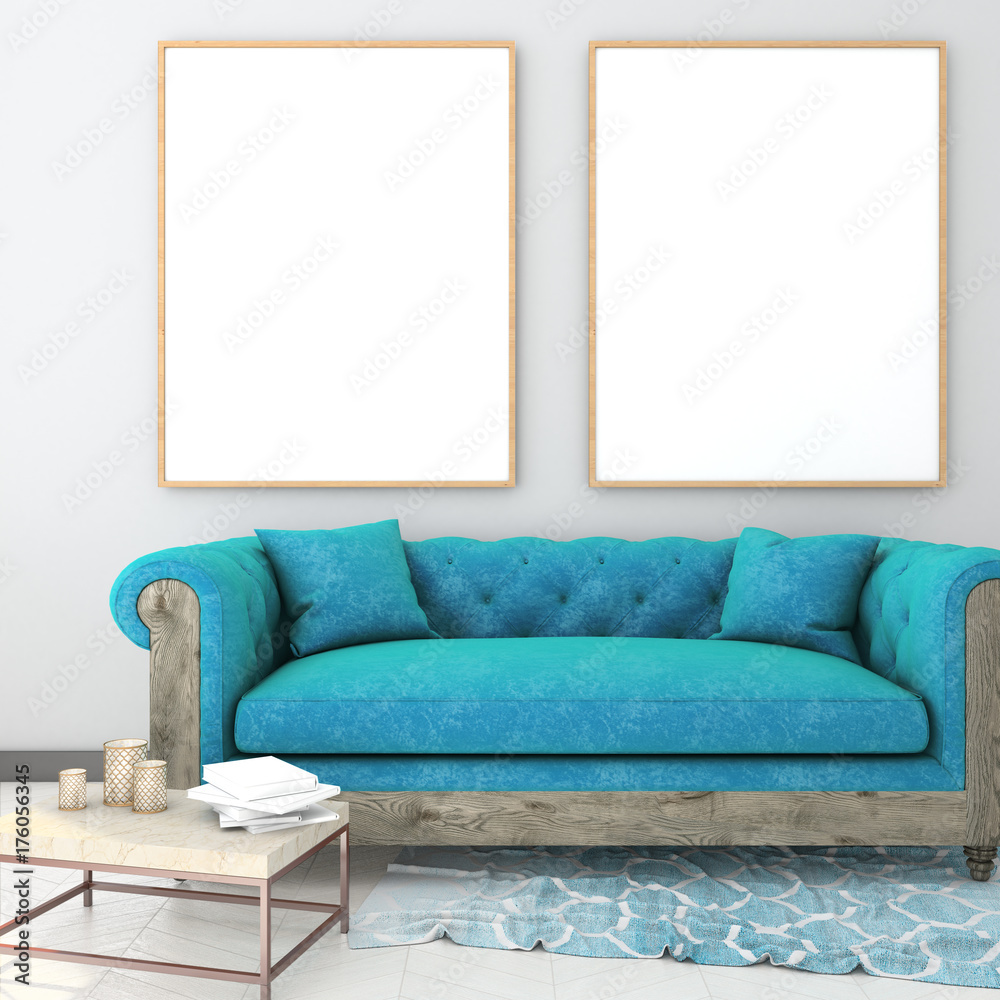 mock up poster frame in light interior background with blue sofa ...