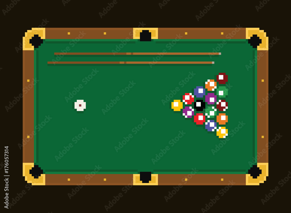 Pixel art green billiard table with colorful balls on a white ...