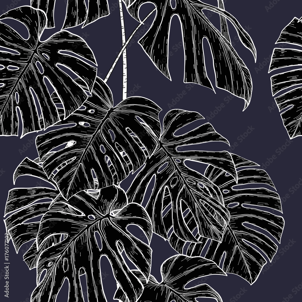 Monstera pattern by hand drawing.Monstera vector seamless on vintage ...