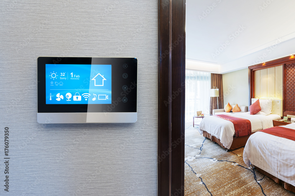smart screen with modern twin bed room Stock Photo | Adobe Stock