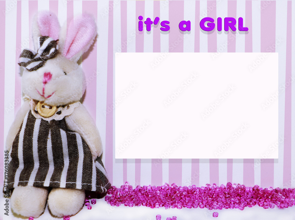 Cute baby girl template with plush bunny on rose and white striped ...